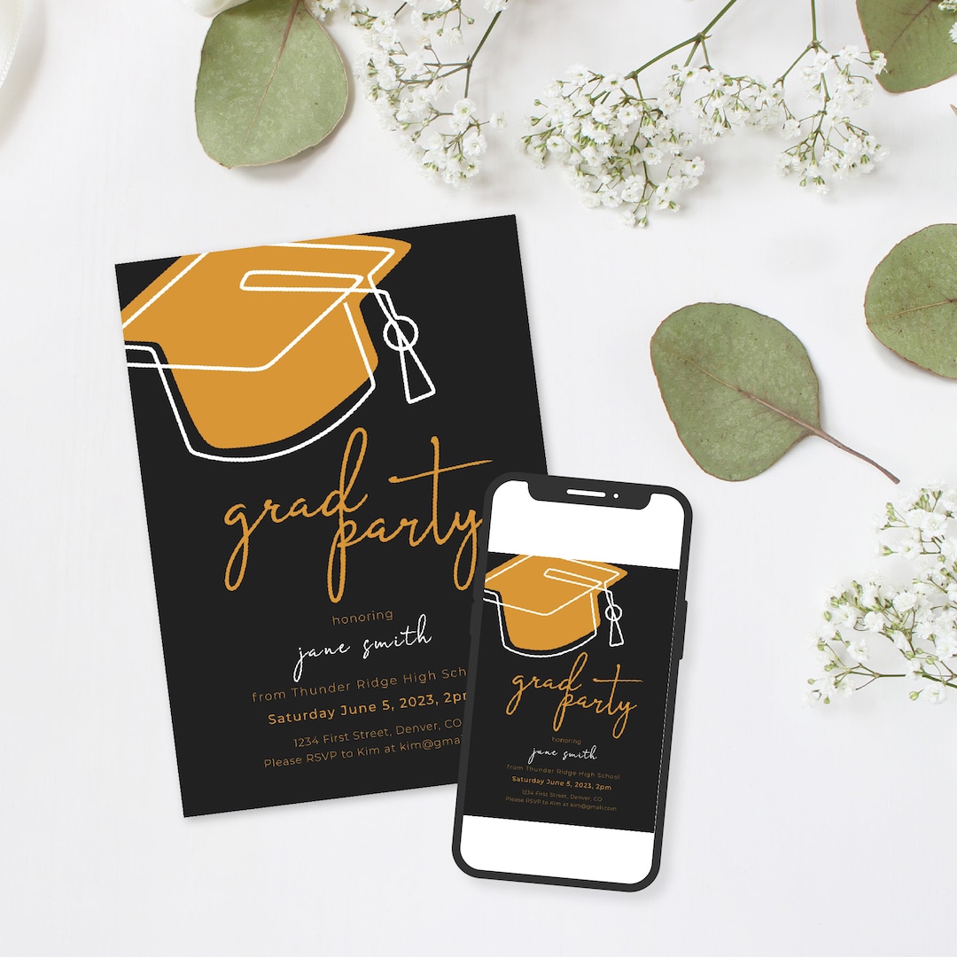 Gold Graduation Party Invitation Template: Modern Grad Cap (digital ...