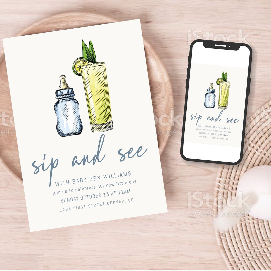 Sip and See Invitation Template With Baby Bottle and Cocktail - Etsy