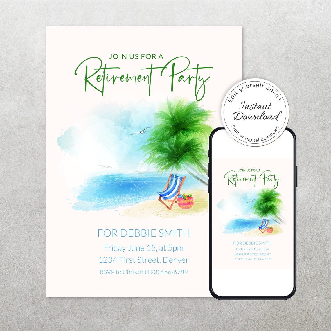 Beach Theme Retirement Party Invitation Template Editable - Etsy