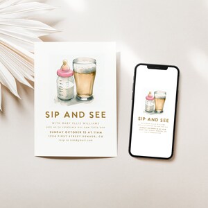 Sip and See Invitation Template With Beige Baby Bottle With Pink and ...