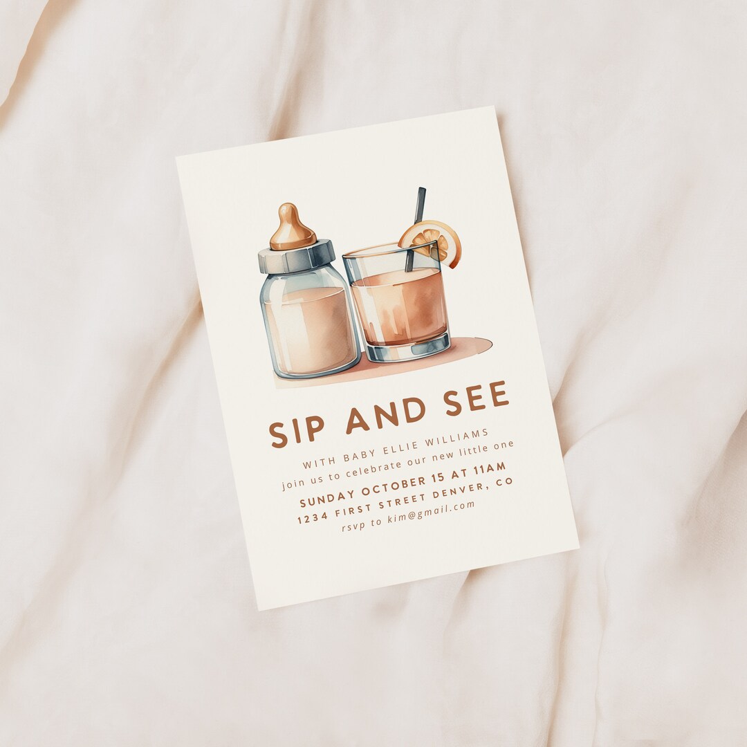 Beige Sip and See Invitation Template: Baby Bottle & Cocktail (instant ...