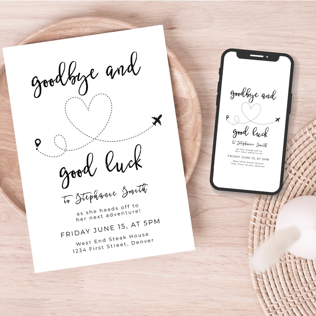 Goodbye and Good Luck Party Invitation Template With Plane in Heart ...
