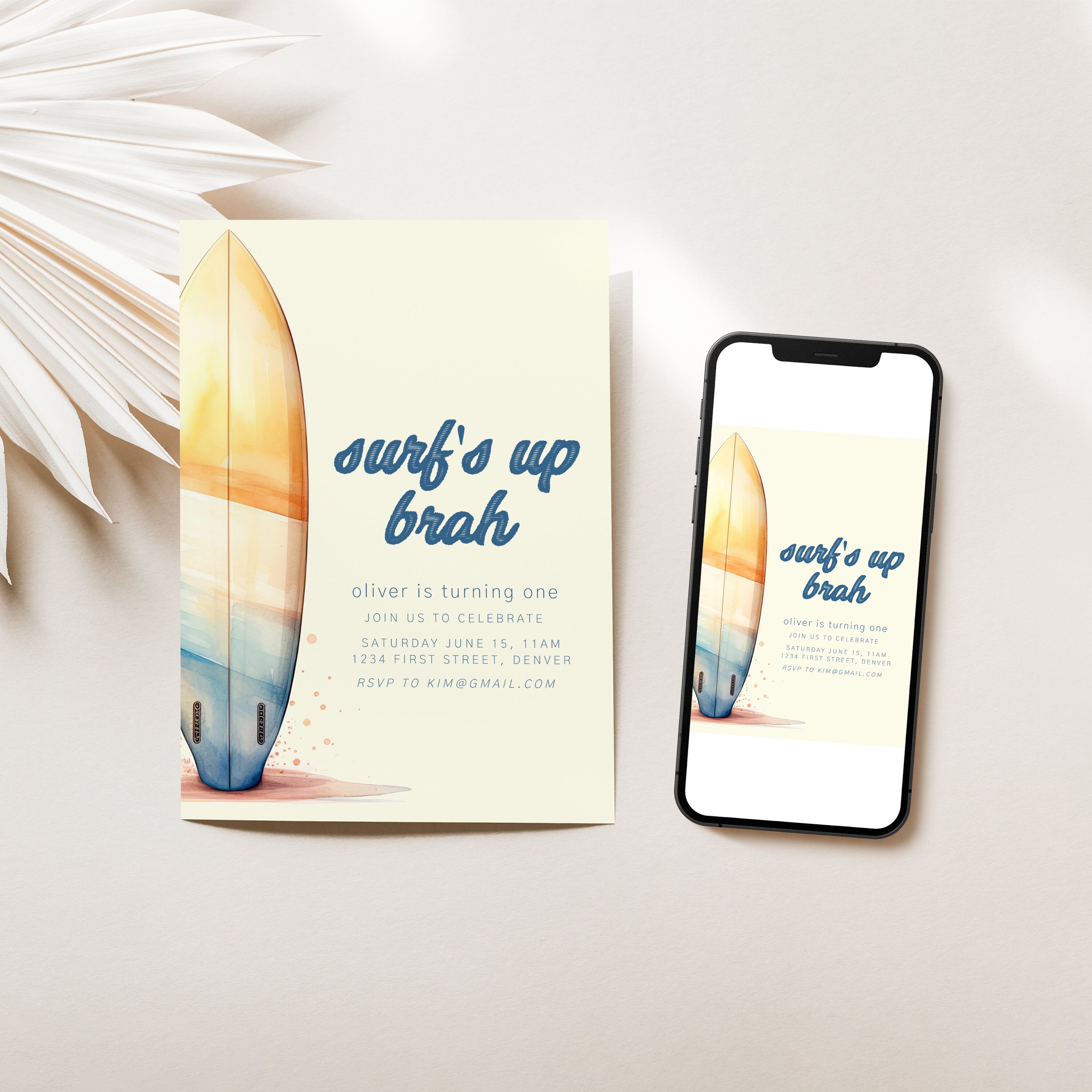 Surf's up Brah Surfing Beach Ocean Themed Birthday Party Invite - Edit ...