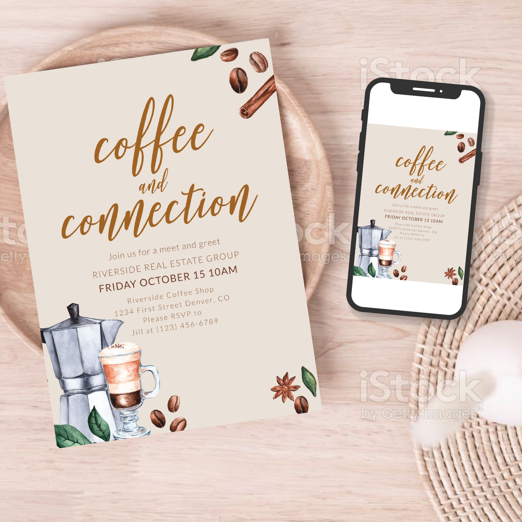 Coffee and Connection Brunch, Meeting, Meet and Green Invitation Template With Coffee and Kettle ...
