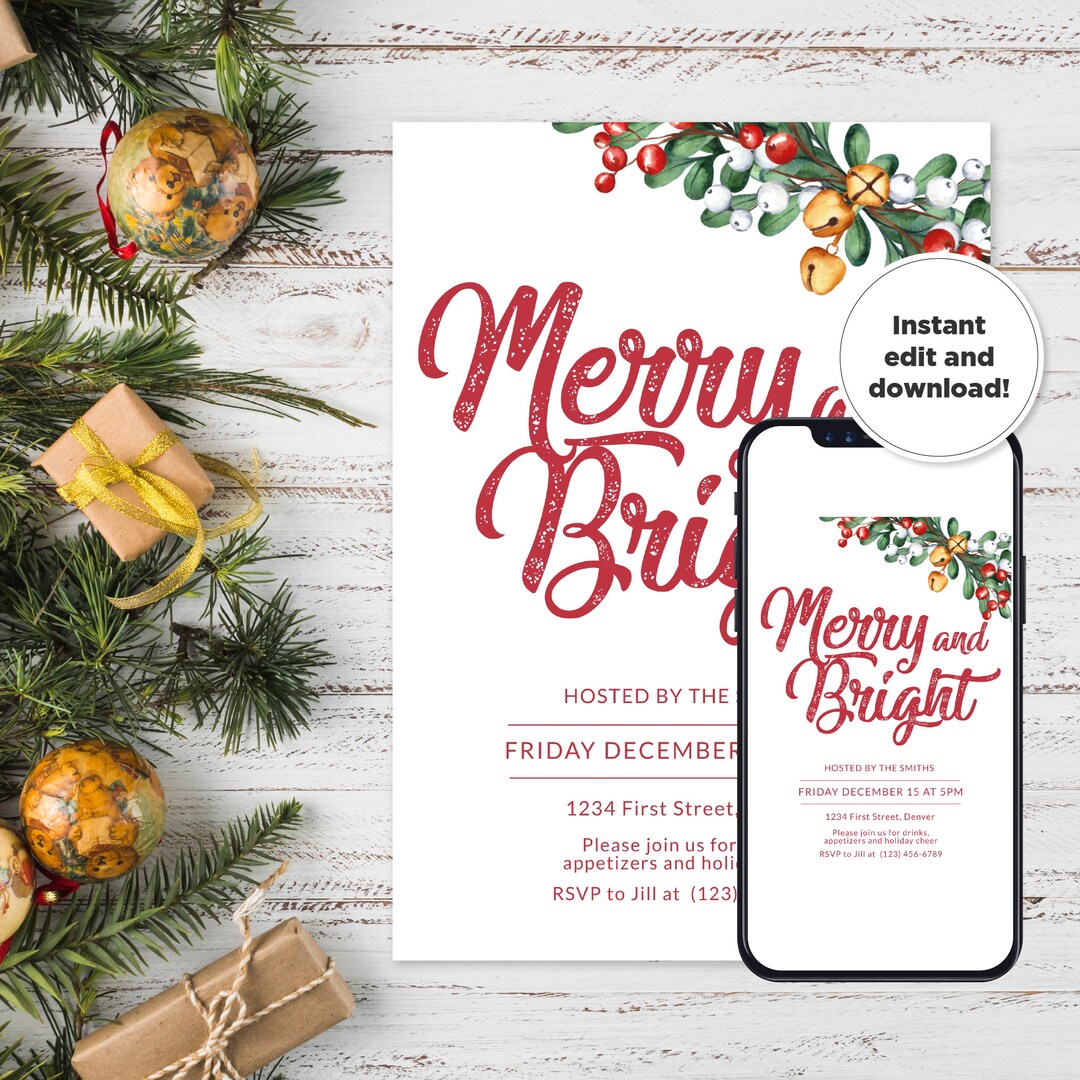 Merry and Bright Editable and Customizable Holiday Party Invitation ...