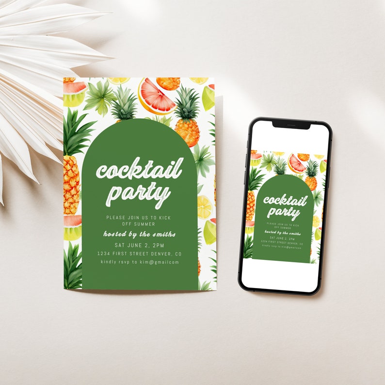 Summer Cocktail Pool Party With Fruit Invitation Housewarming/summer ...