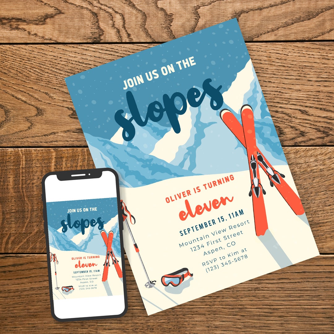 Join Us on the Slopes - Snow Skiing Theme Birthday Party Invitation ...