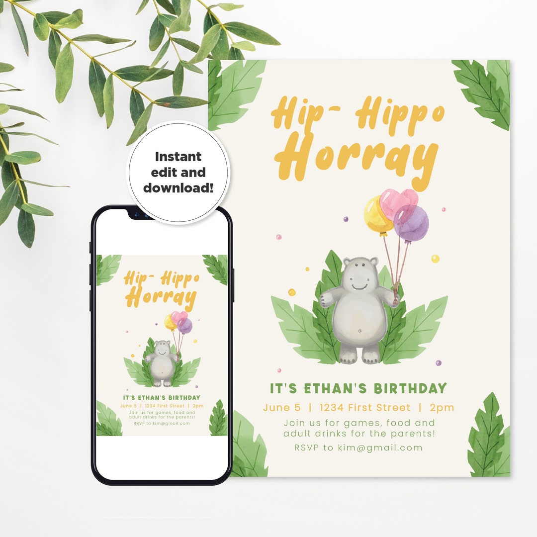 Hip Hippo Hurray! - Hippo Theme Birthday Party Invitation Template ...