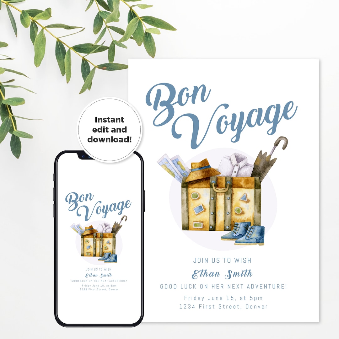 Bon Voyage Party Invitation Template With Suitcase and Travel ...