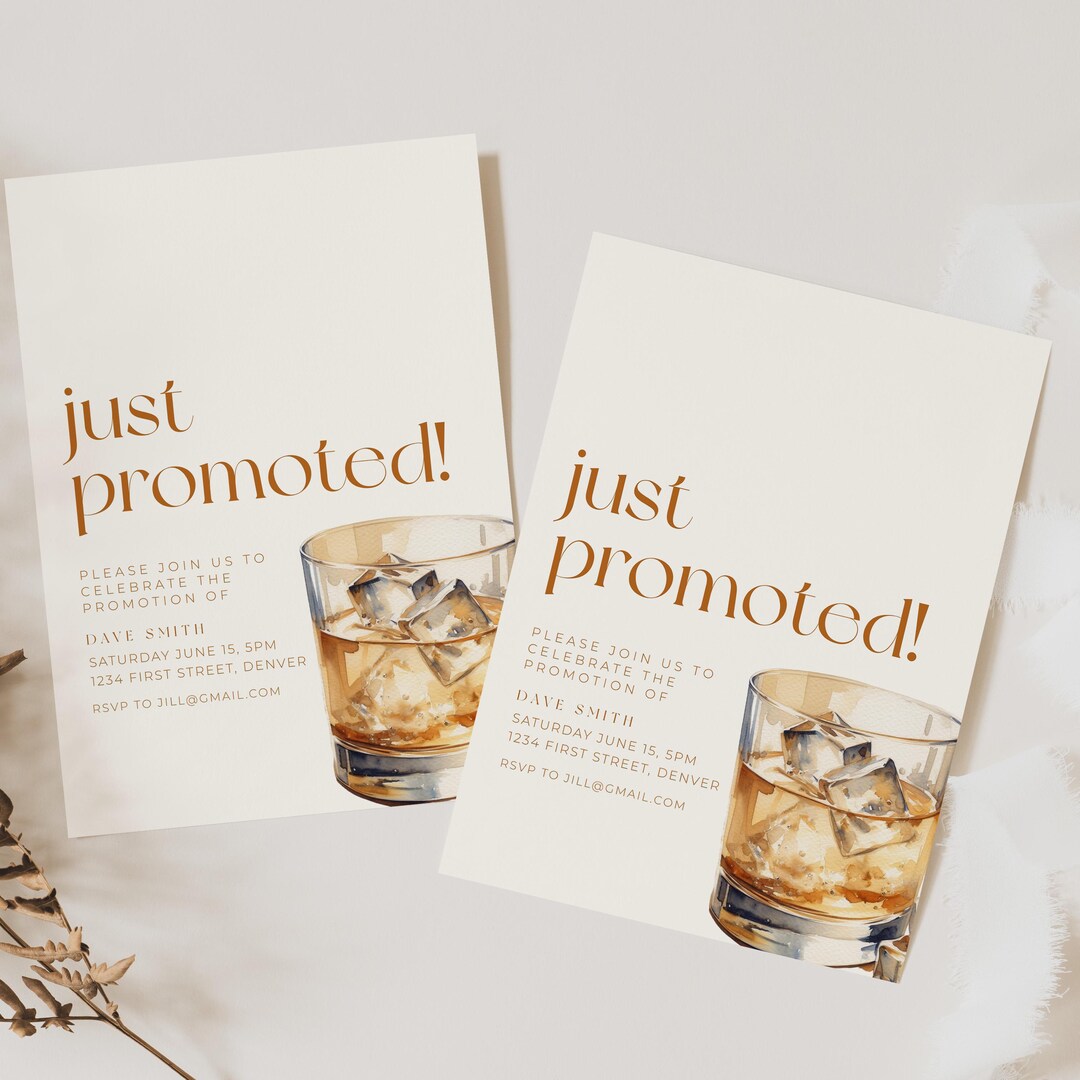 Just Promoted Job Work Party Invitation Template With Glass of Whiskey ...