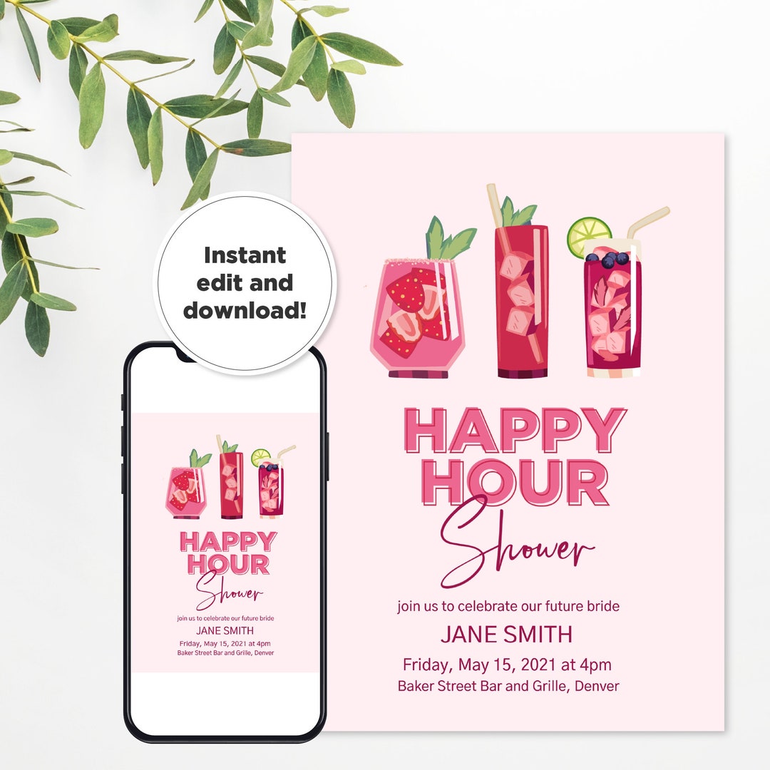 Happy Hour Shower - Editable Bridal Shower Party Invitation Template ...