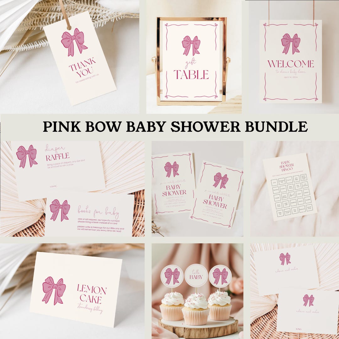 Pink Bow Baby Girl Baby Shower Bundle Set Package - Instant Edit and ...