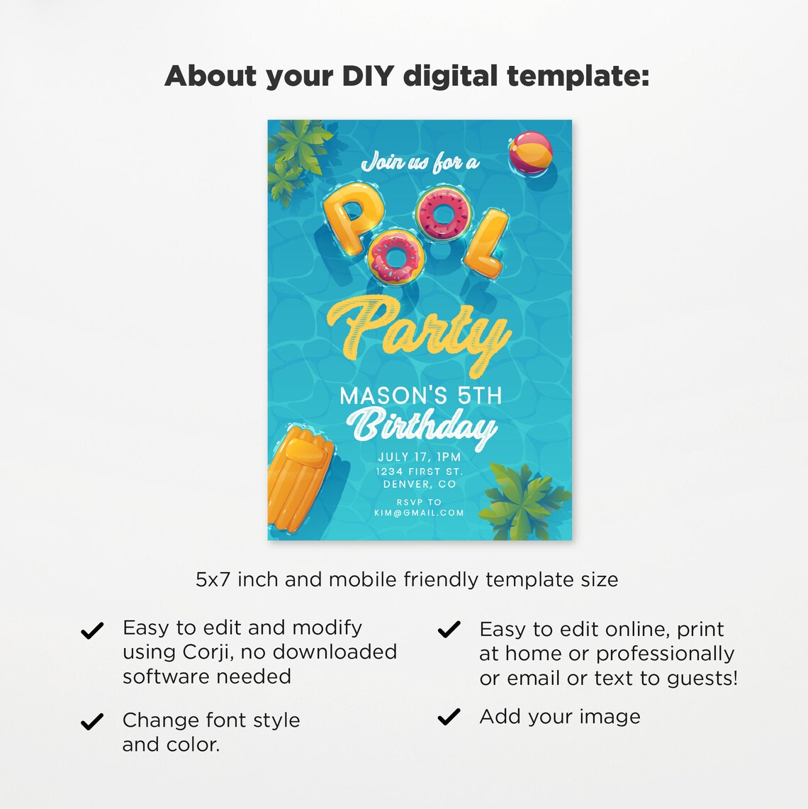 Pool Party With Floats and Palm Trees Birthday Party Invitation ...