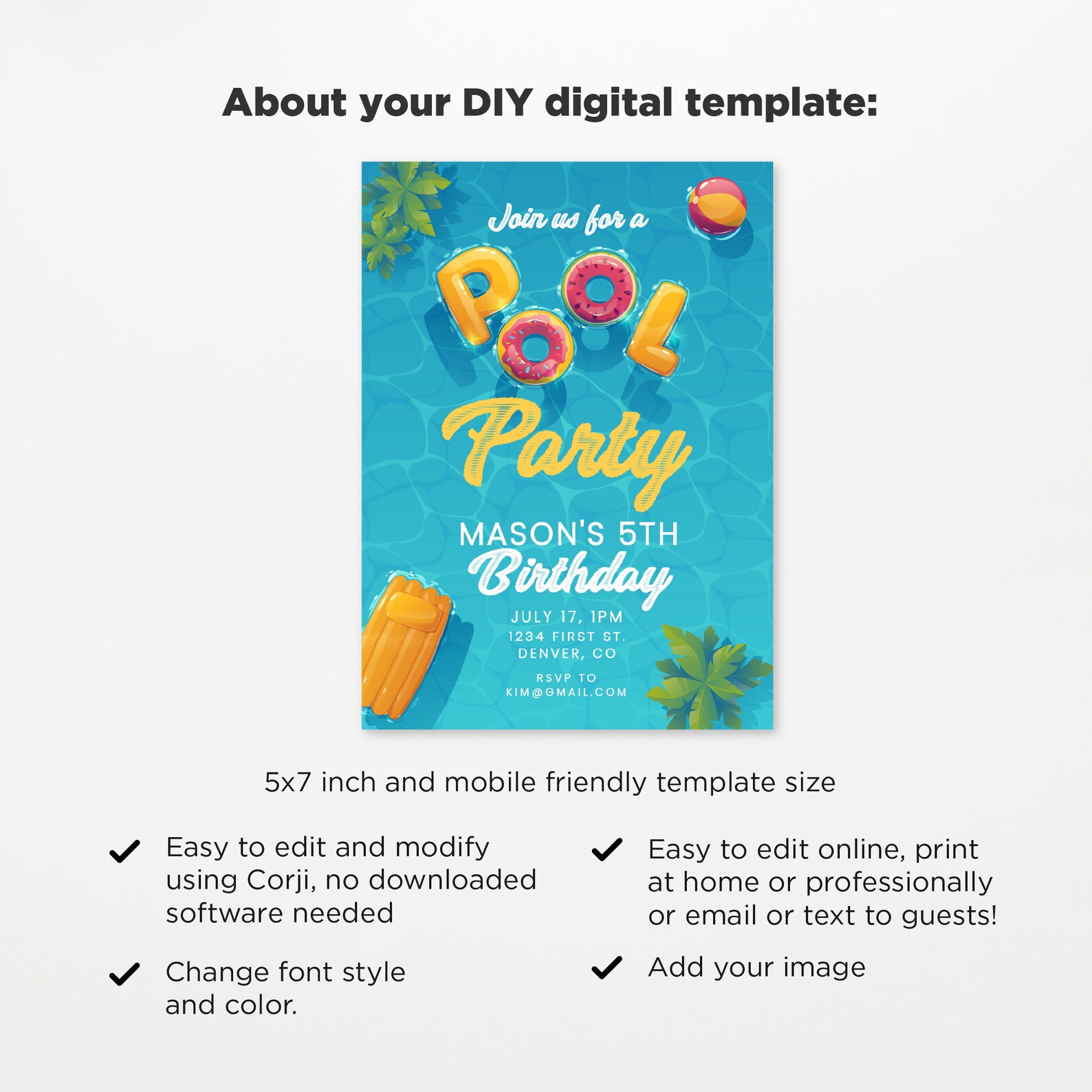 Pool Party With Floats and Palm Trees Birthday Party Invitation ...