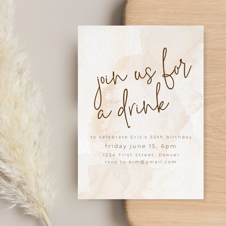 Watercolor Drink Invitation Template: Beige Party Invite (digital ...