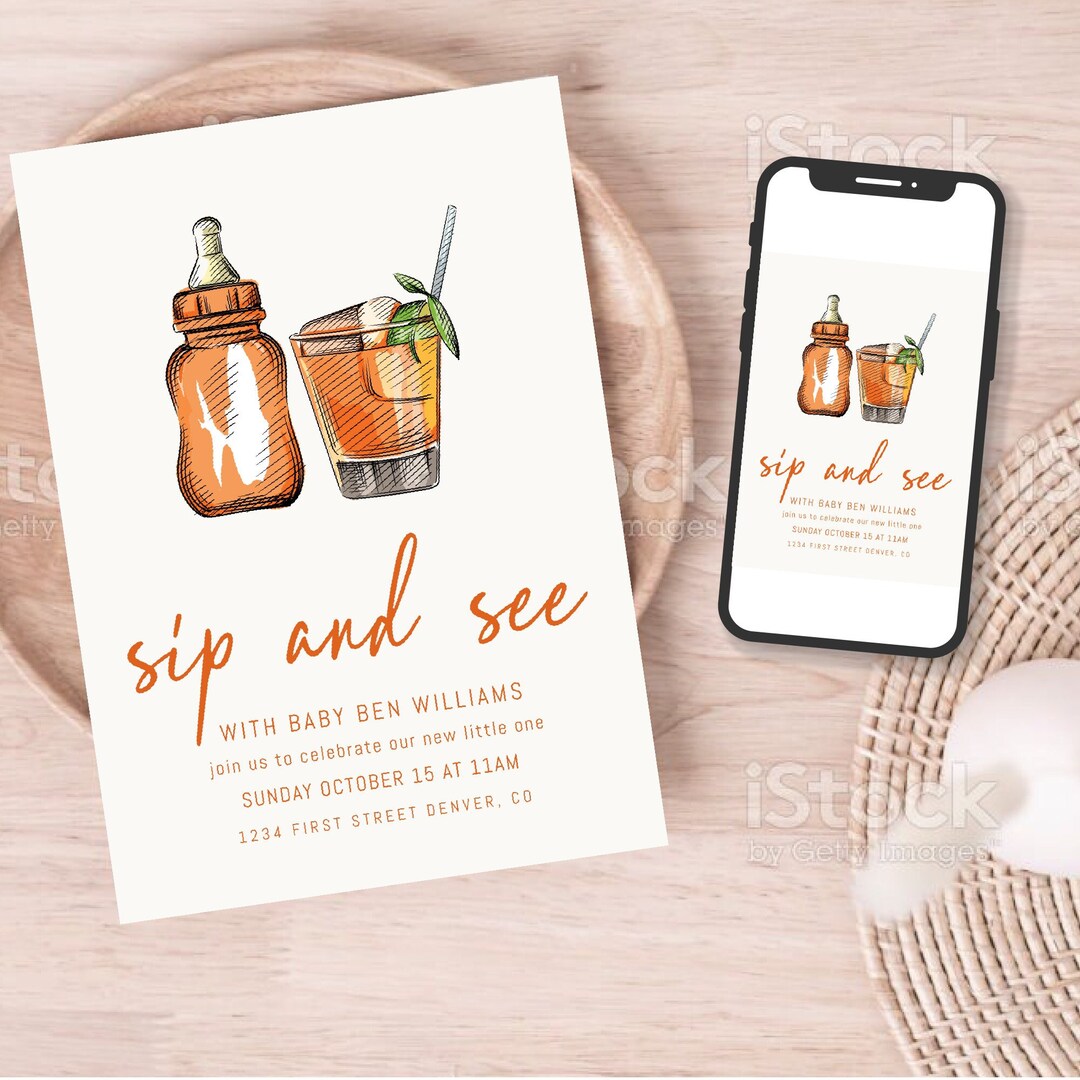 Sip and See Invitation Template With Baby Bottle and Whiskey Cocktail ...