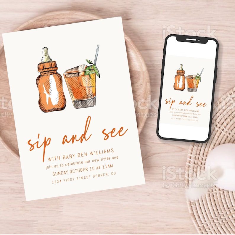 Sip and See Invitation Template With Baby Bottle and Whiskey - Etsy