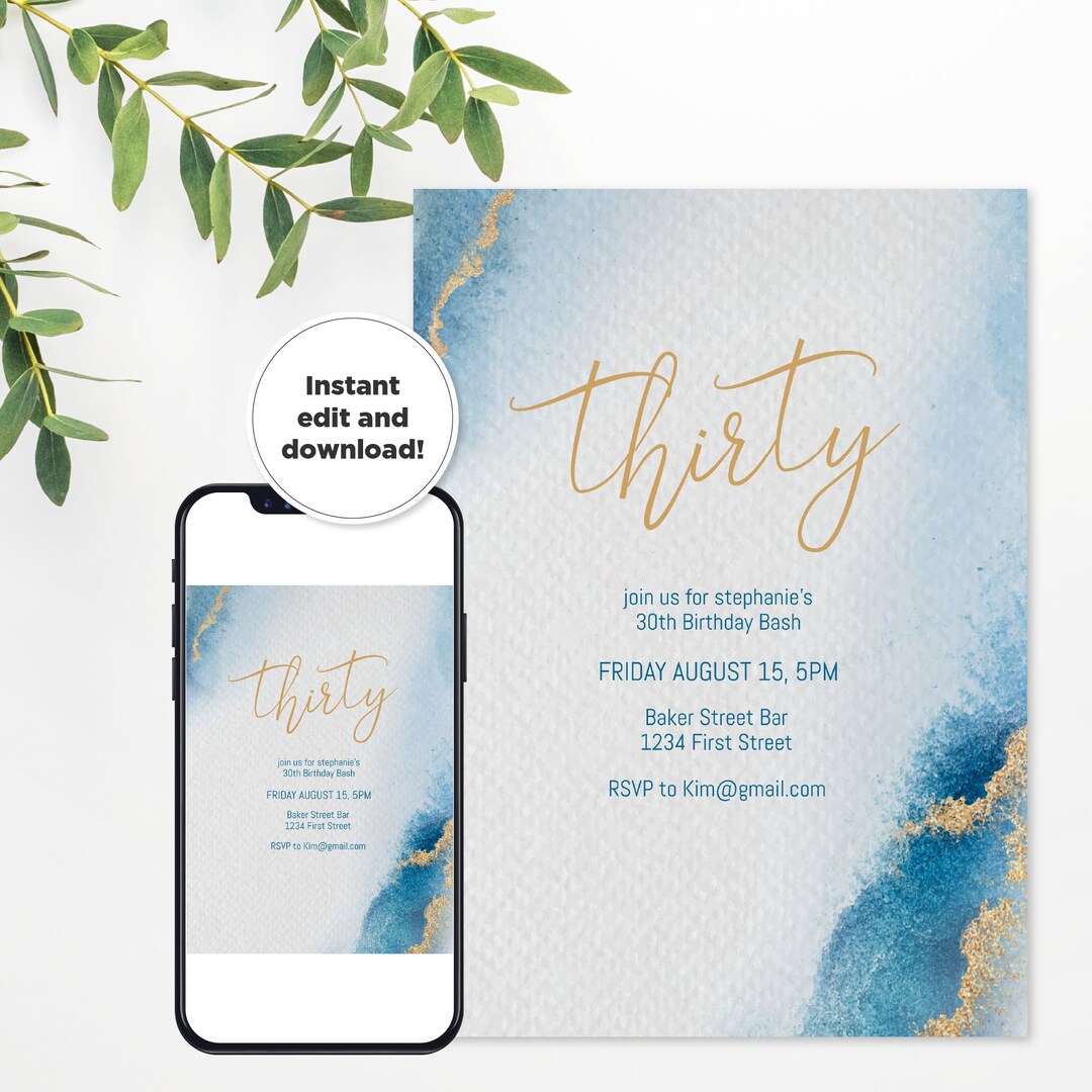 Editable 30th Birthday Party Invite Template With Blue and Gold Marble ...