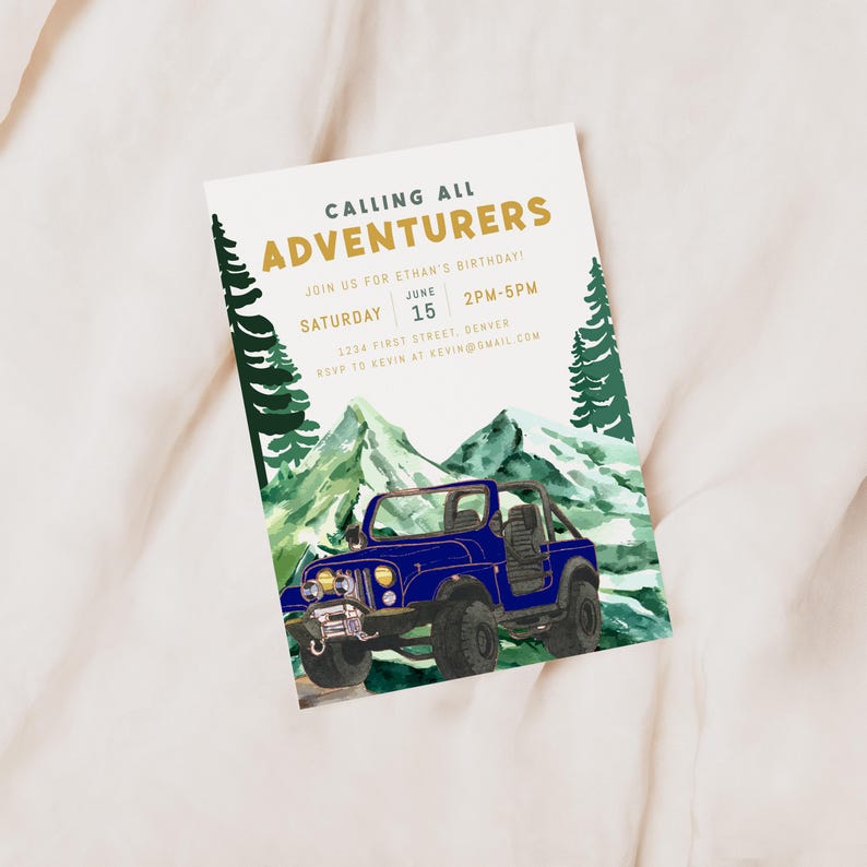 Off-roading Birthday Invitation: Blue Truck, Mountains (digital ...