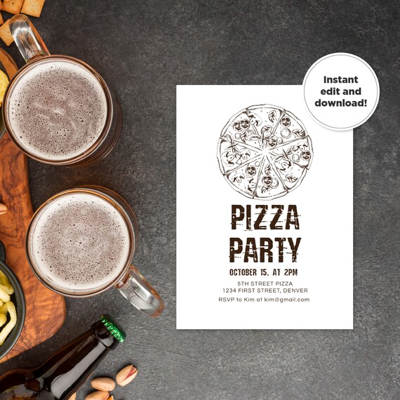 Pizza Party Editable Invitation Template With Hand Drawn Pizza - Etsy