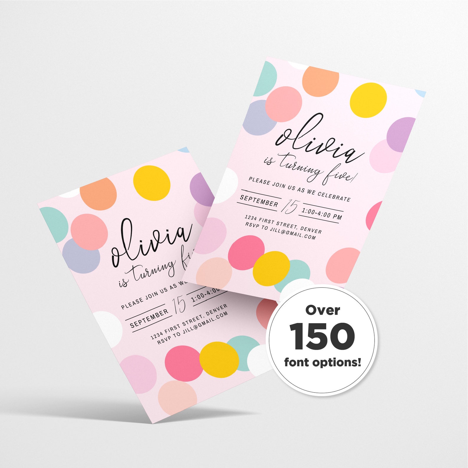 Polka Dot Birthday Party Invitation: Pink, Purple, Yellow (instant ...