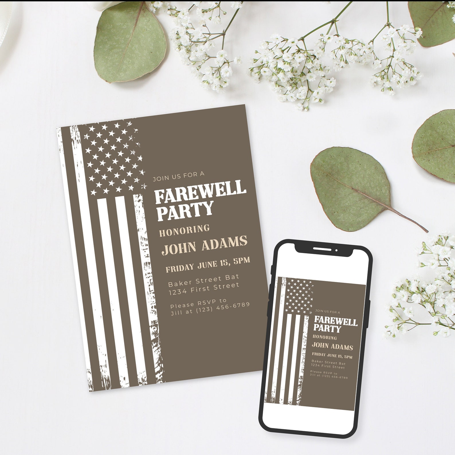 Military Themed Farewell Party Invitation Template With Vintage Flag ...
