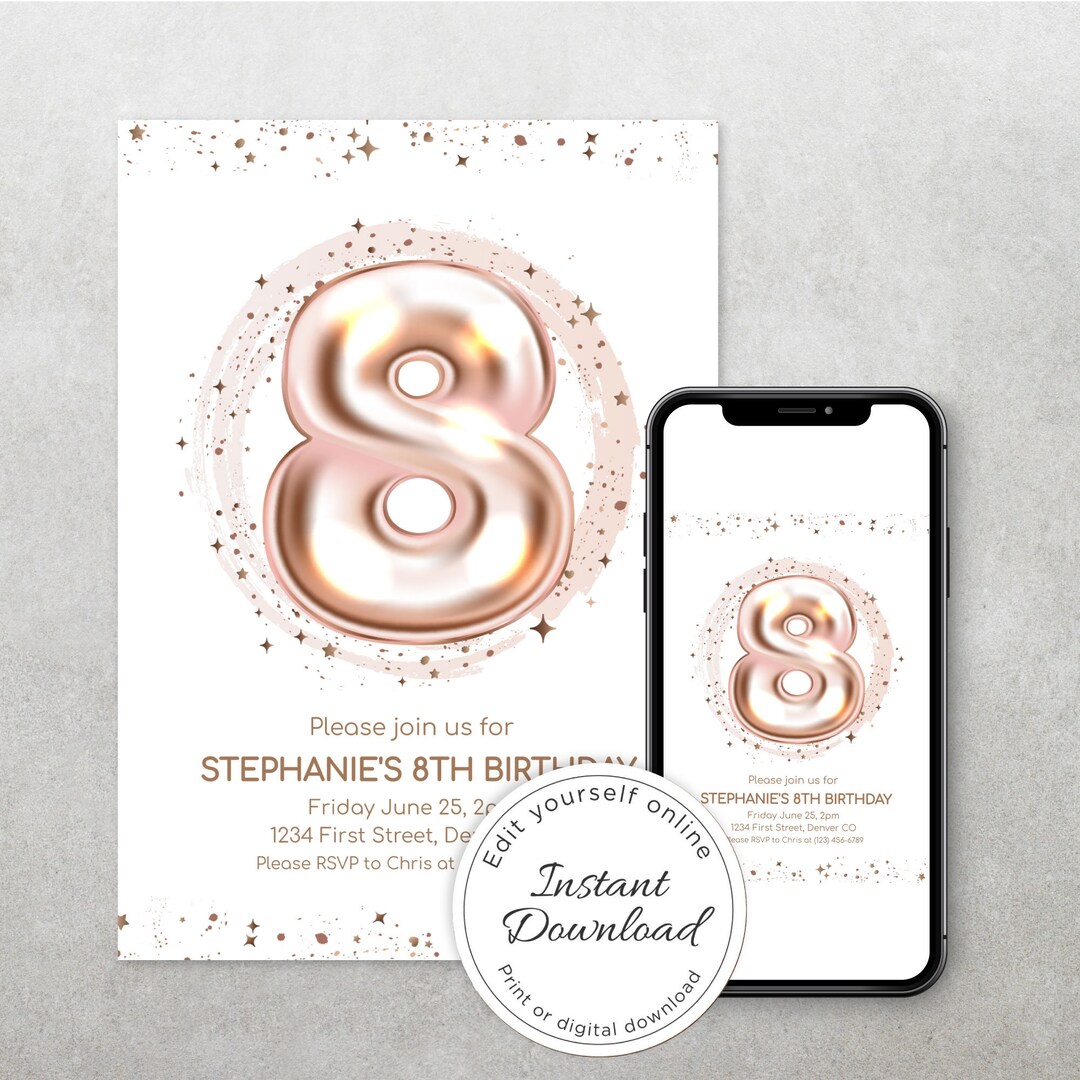 Editable 8th Birthday Invitation Template With Pink Sparkles Etsy