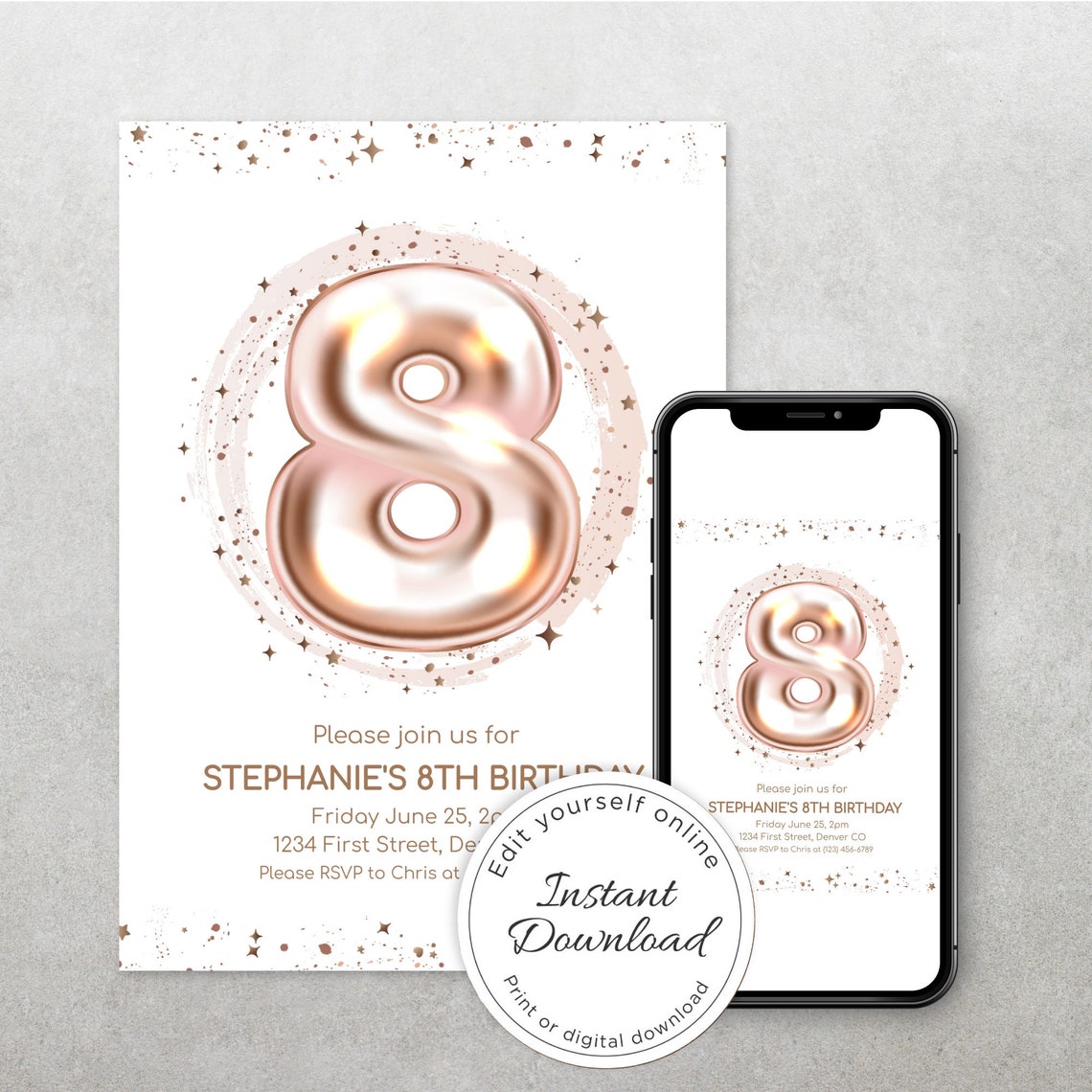 Editable 8th Birthday Invitation Template With Pink Sparkles - Etsy