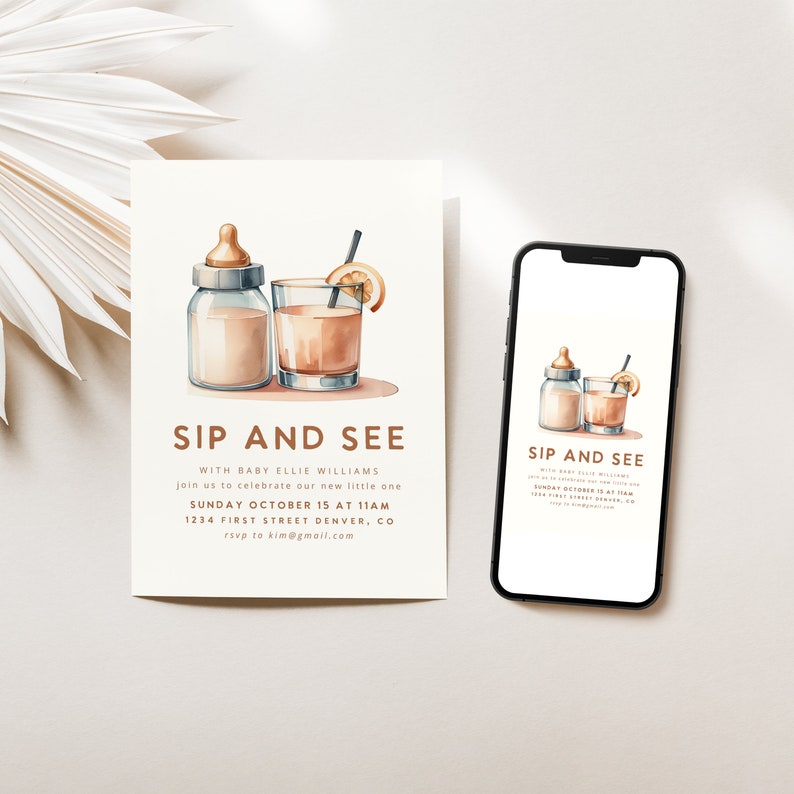Sip and See Invitation Template With Beige Baby Bottle and Beige ...