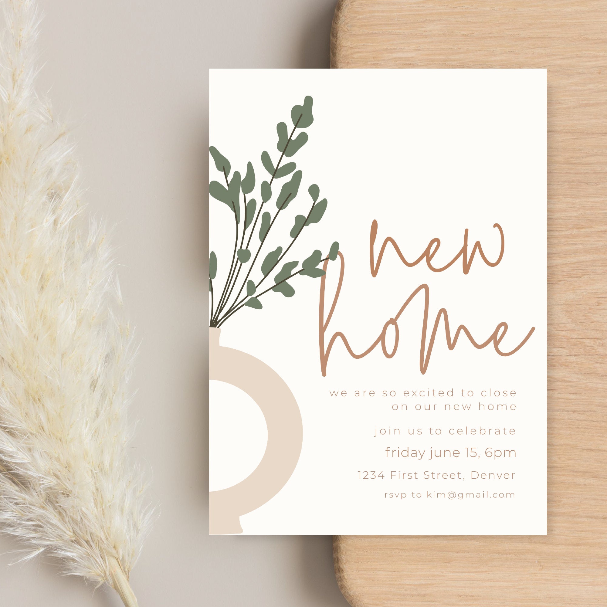 Boho New Home Invitation Template: Vase With Greens (5x7 Inches ...