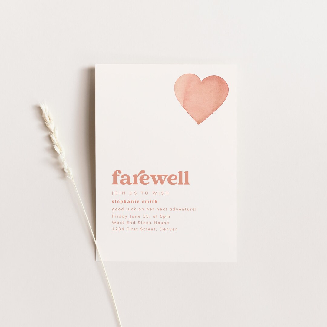 Simple Pink Heart Farewell Party Invitation Template - Instant Edit and ...