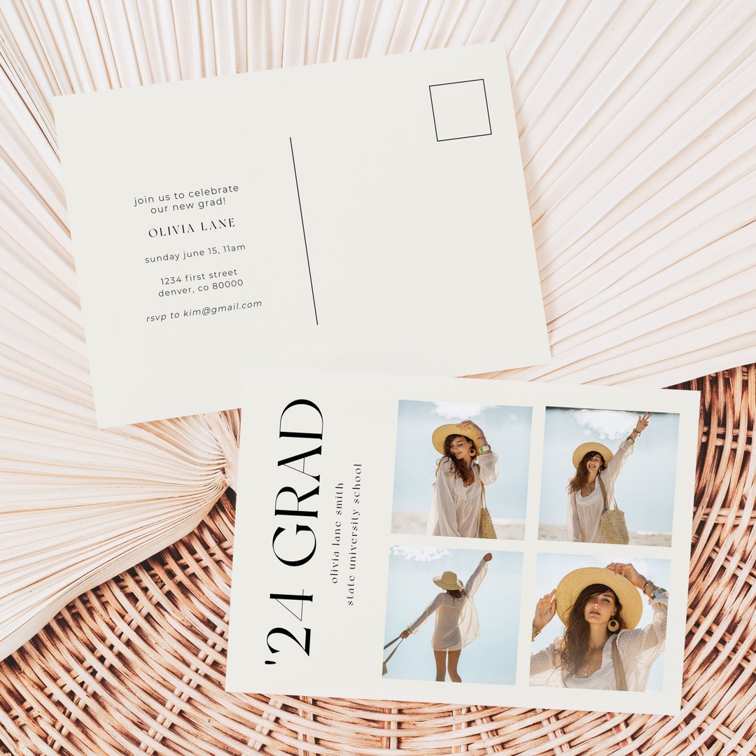 Modern Graduation Invitation Post Card With Four Photo - Instant Edit ...