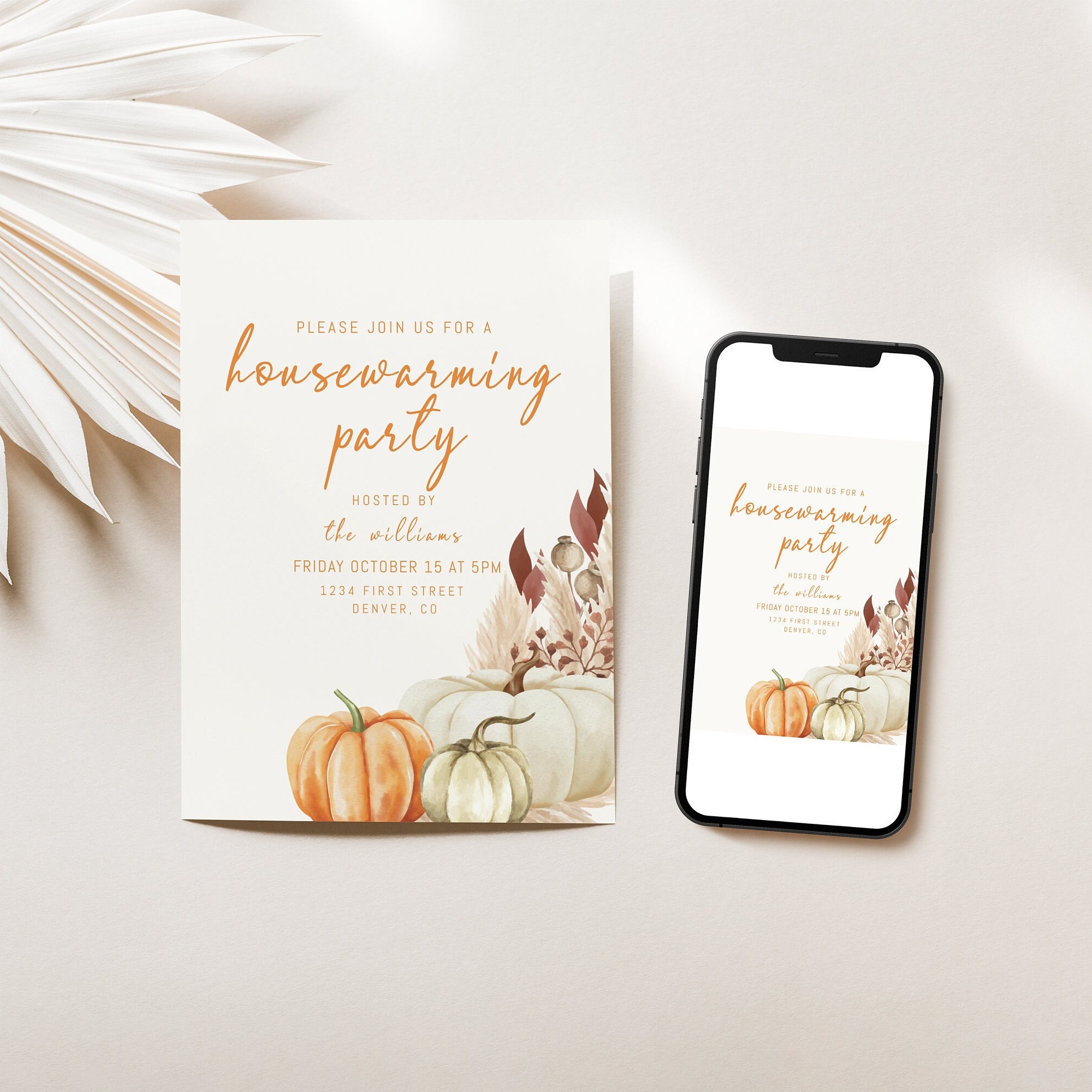 Fall Theme Housewarming Party Invitation Template With Boho White ...