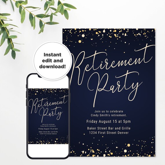 Blue and Gold Glitter Retirement Party Invitation Template - Etsy