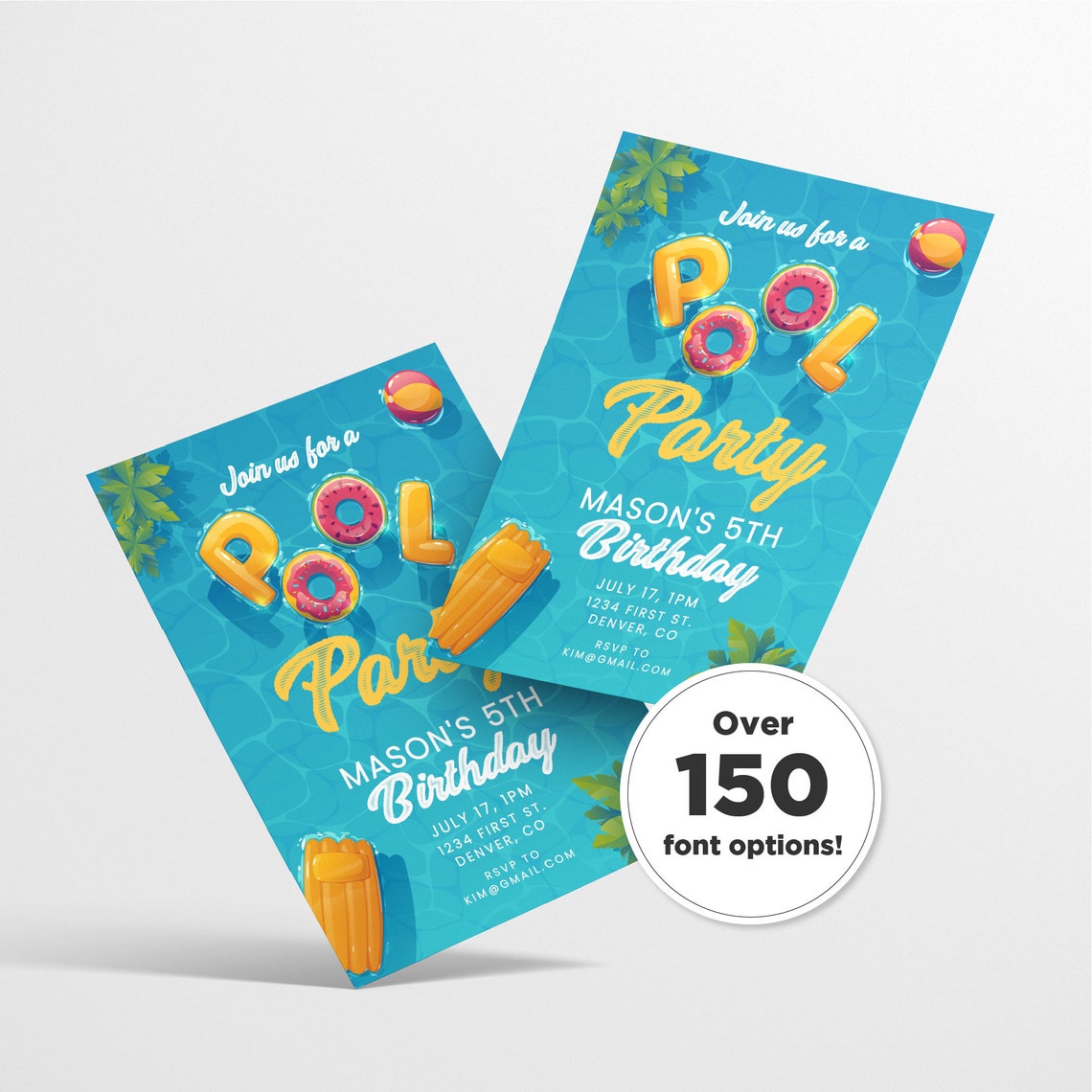 Pool Party With Floats and Palm Trees Birthday Party Invitation ...