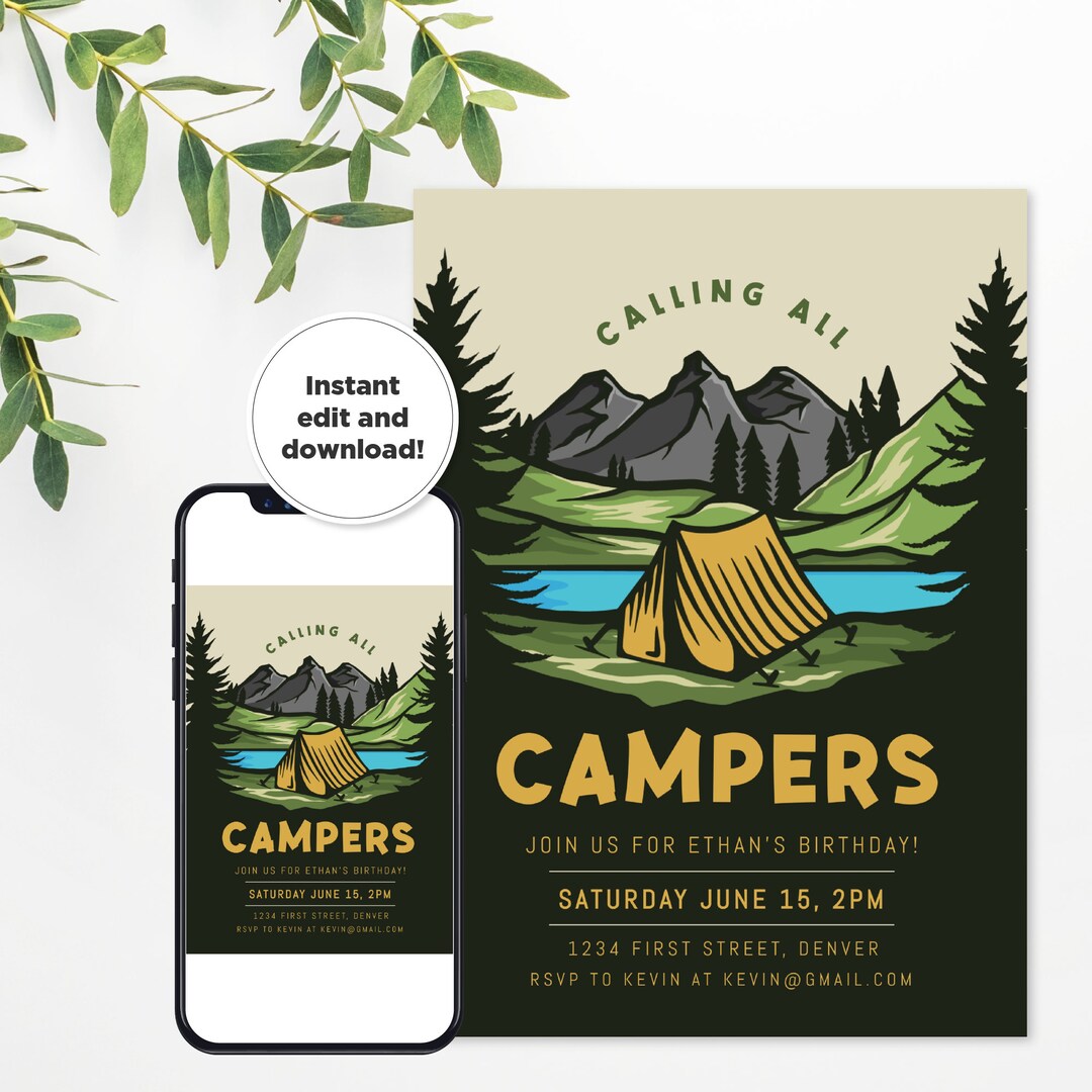 Calling All Campers - Camping Theme Birthday Party Invitation Template ...