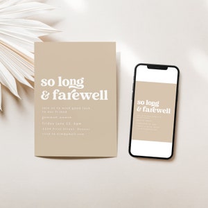 Simple and Elegant Beige so Long and Farewell Party Invitation Template ...
