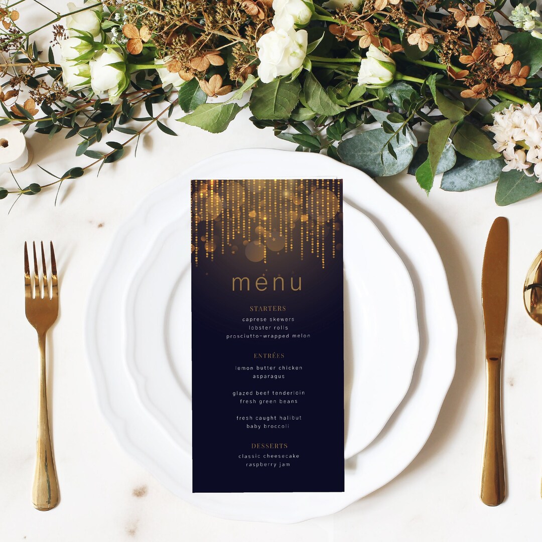 Blue and Gold Menu Template: Elegant Hanging Lights (instant Download ...
