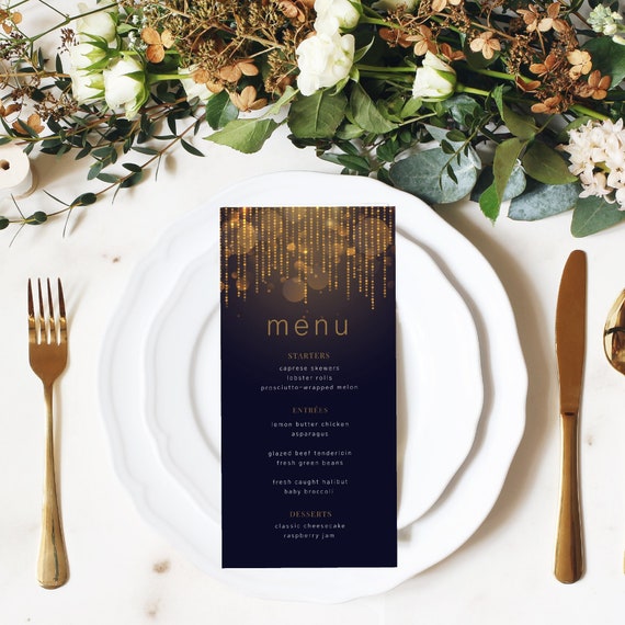 Blue and Gold Menu for Any Event With Hanging Lights - Etsy