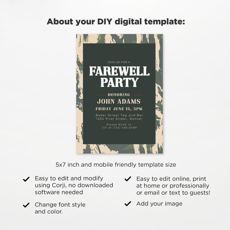 Military Themed Farewell Party Invitation Template With Camo, Print or ...