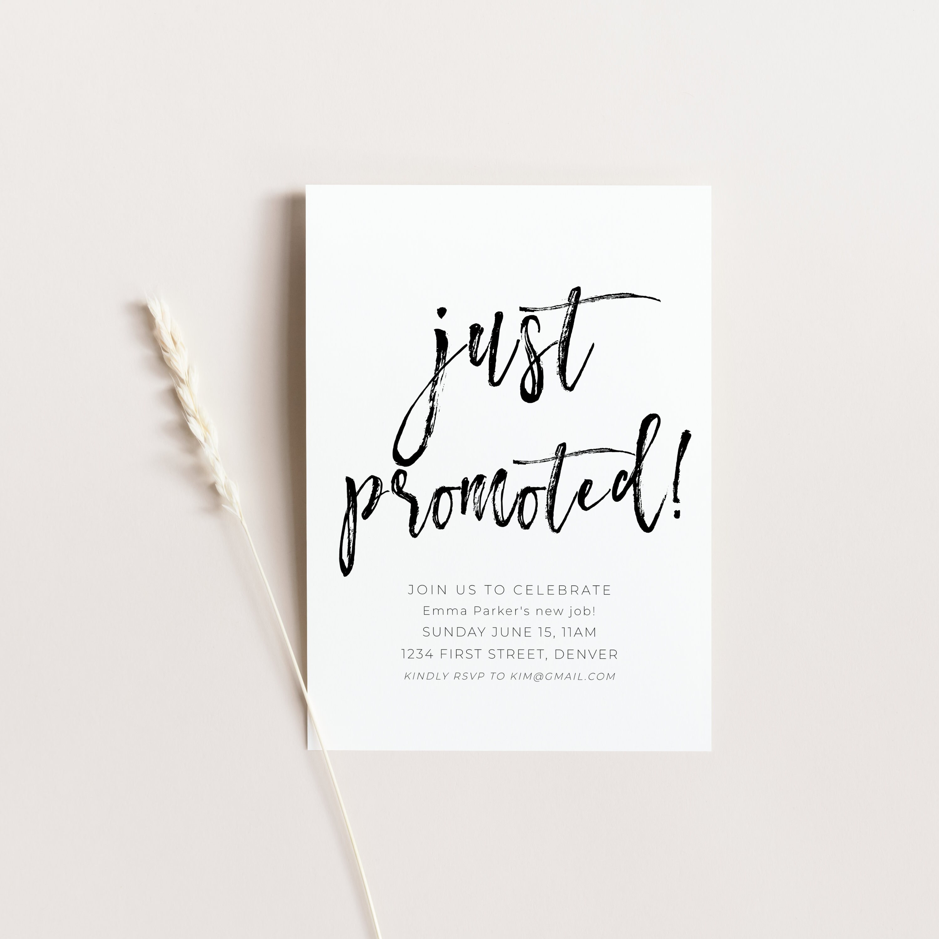 Simple Brush Black and White Just Promoted Job Work Party Invitation ...