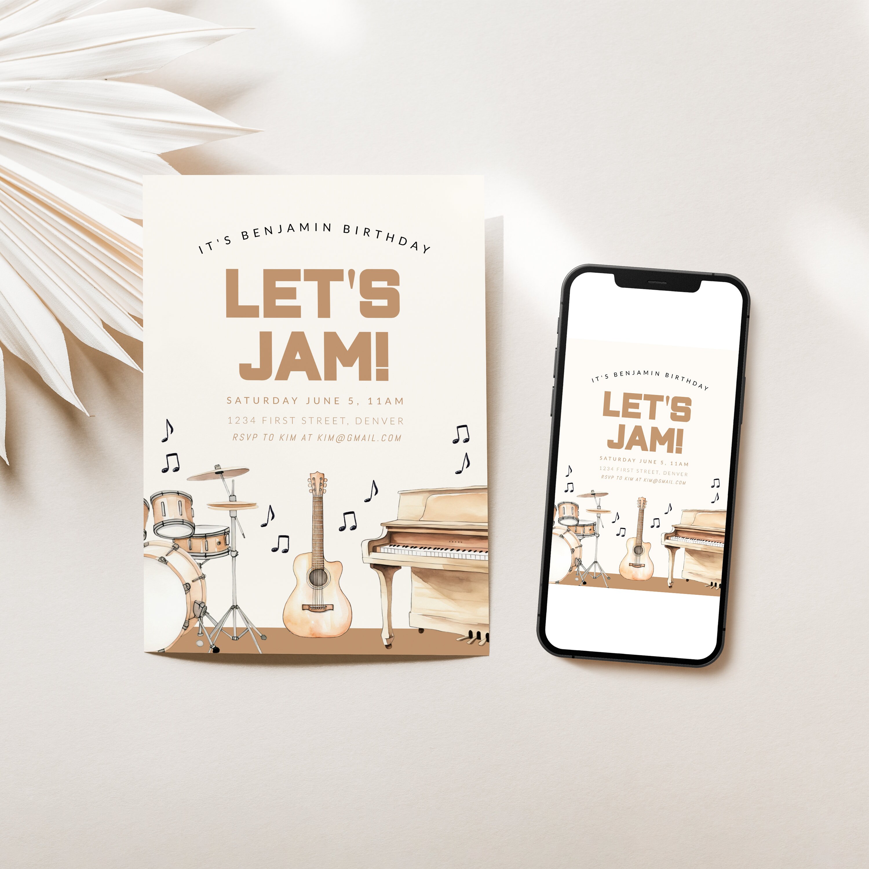 Music Instrument Theme Birthday Party Invitation Template Let's Jam ...