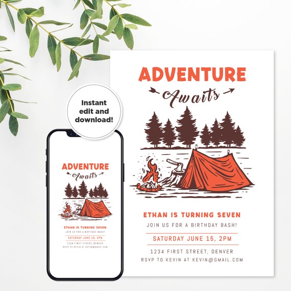 Adventure Awaits Camping Theme Birthday Party Invitation | Etsy