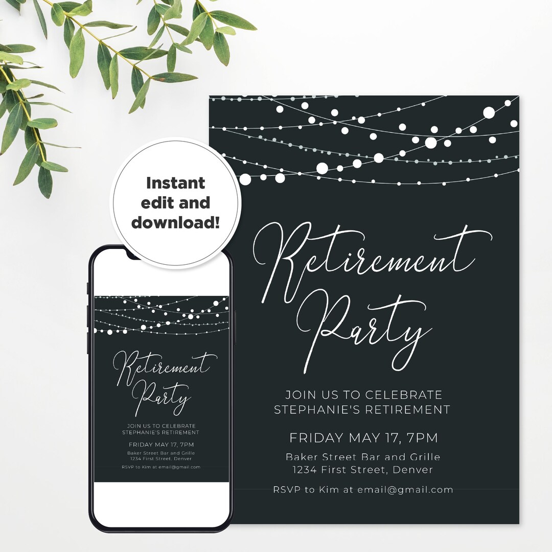 Hanging Lights Retirement Party Invitation Template - Editable and ...