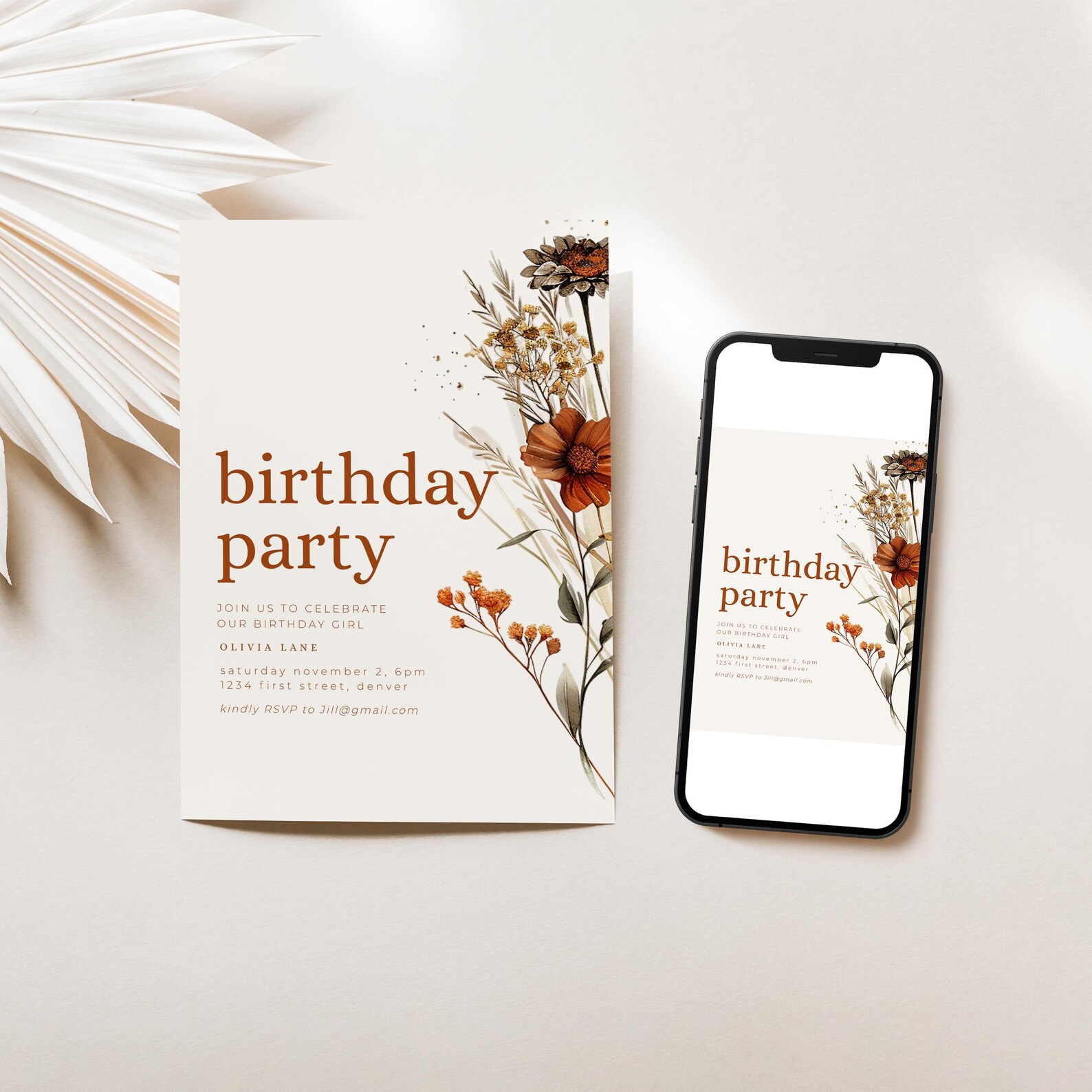 Fall Theme Birthday Party Invitation Template With Foliage and Flowers ...