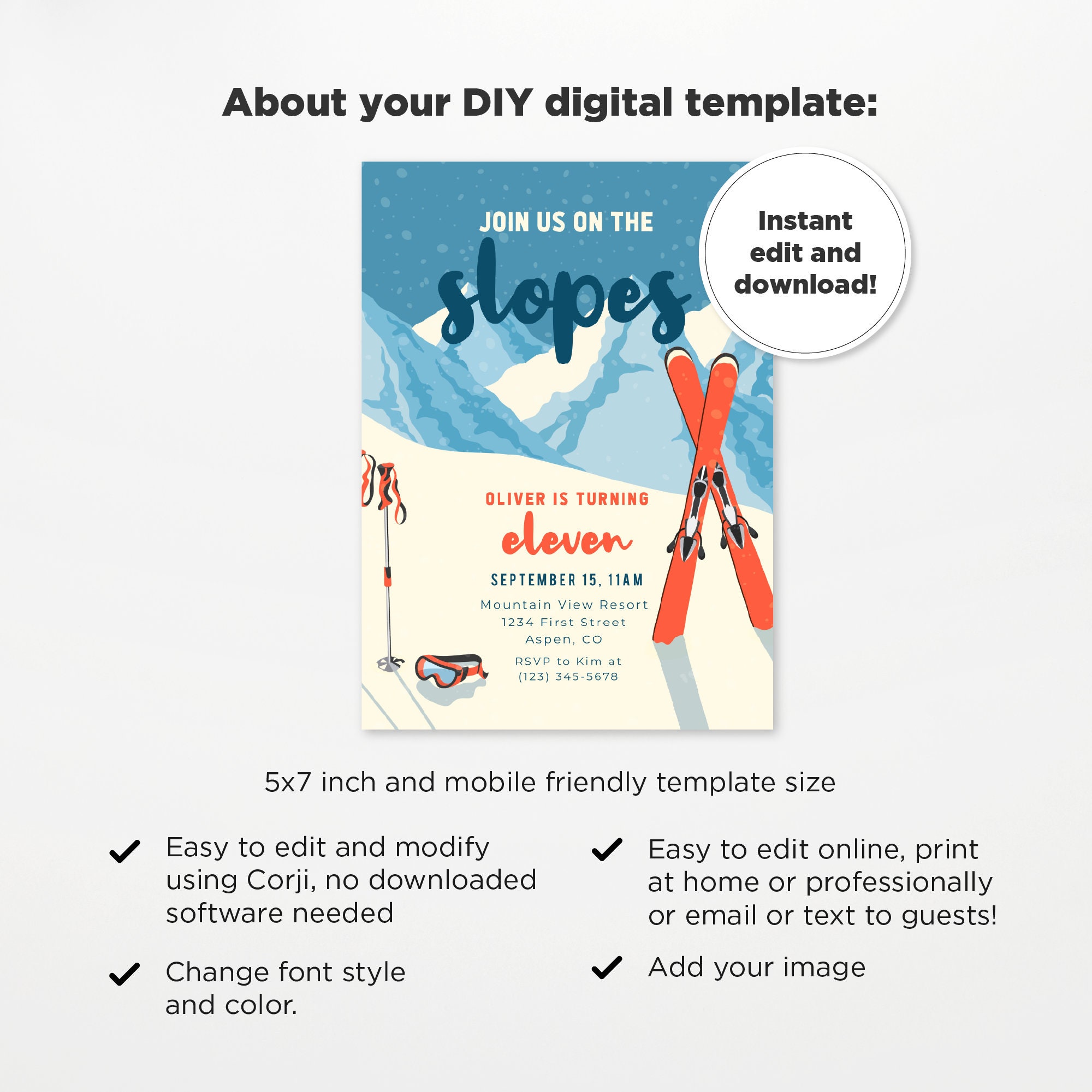 Skiing Birthday Party Invitation Template: Slopes Theme (digital ...