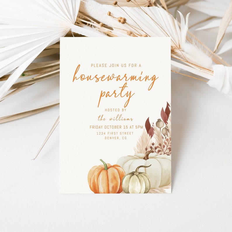 Fall Theme Housewarming Party Invitation Template With Boho White ...
