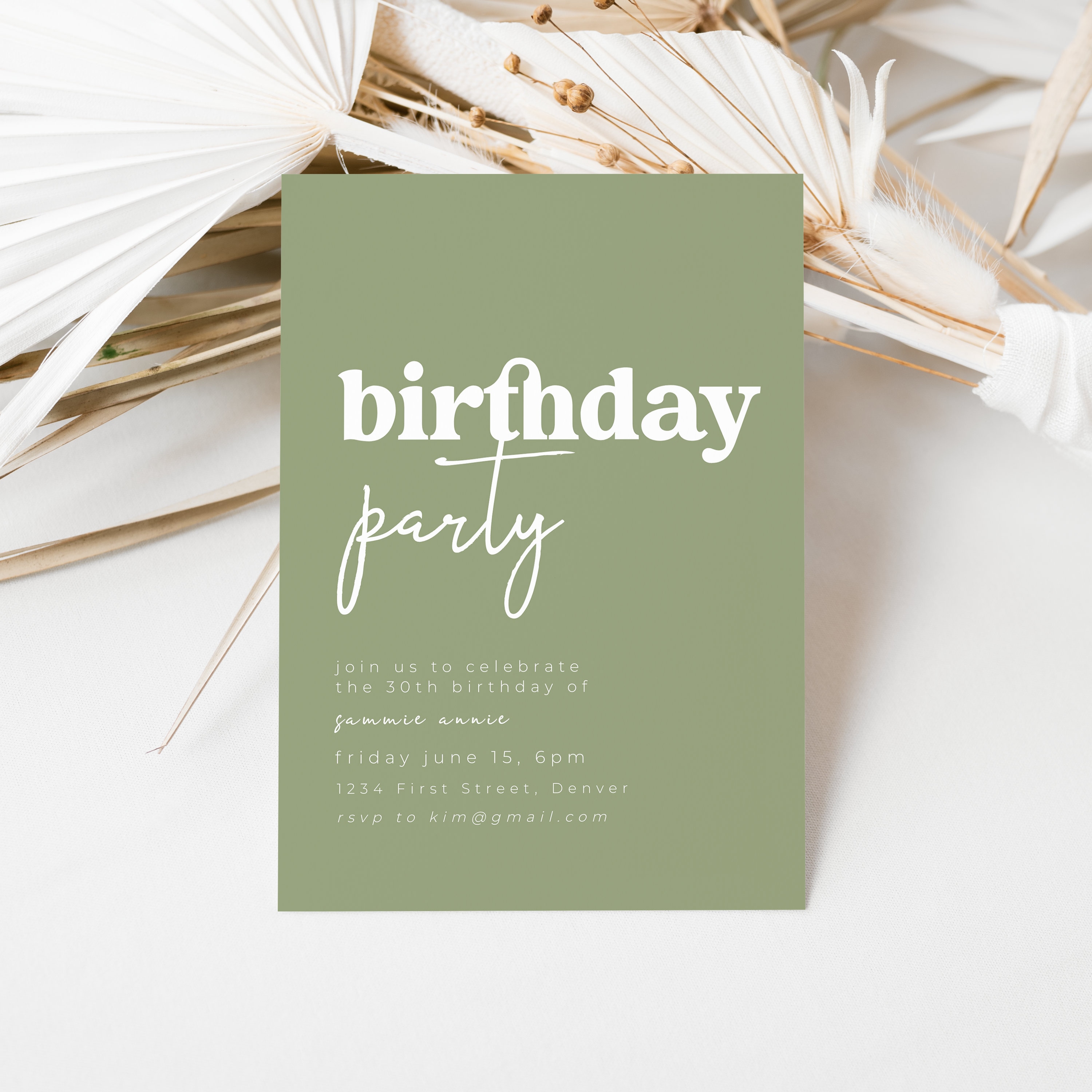 Simple Birthday Party Invitation Template in Sage Green Instant Edit ...