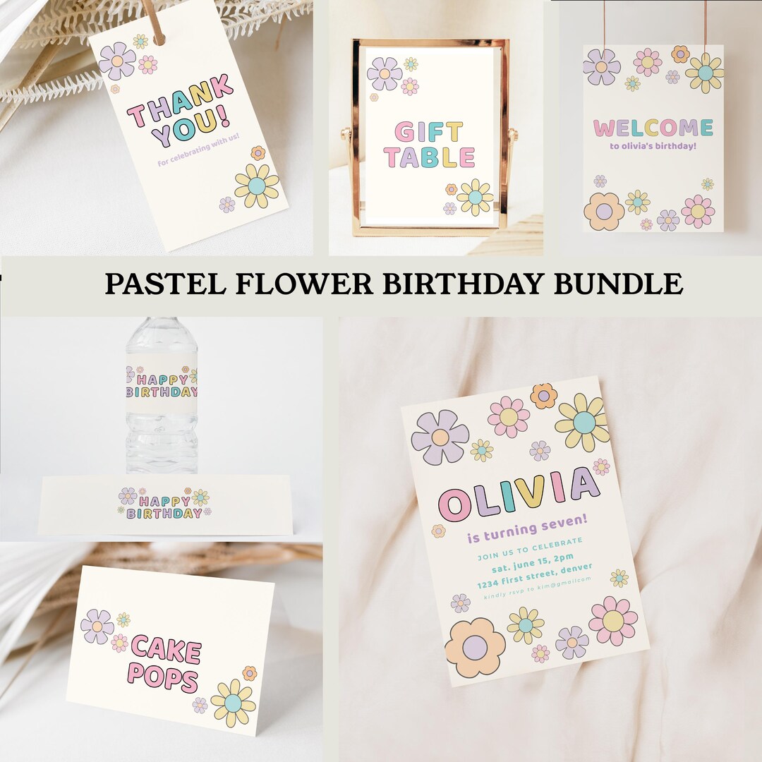 Pastel Flowers Retro Birthday Party Bundle Package - Instant Edit and ...