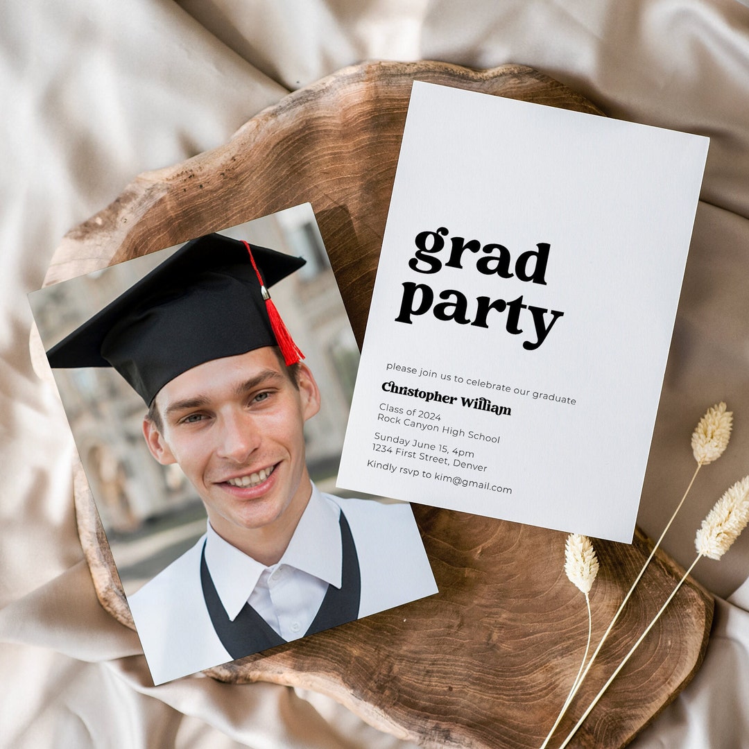 Simple Grad Party Invitation Template With Photo With Vintage Font ...